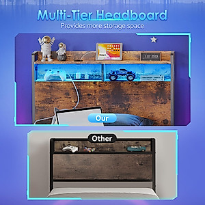 KKL Twin Bed Frames, Storage Headboard with Charging Station, RGB Light Strips, Solid and Stable, Noise Free, No Box Spring Needed, Easy Assembly, Rustic Brown