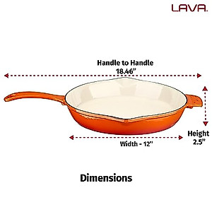 Lava Light-Colored Sand Enameled Cast Iron Skillet with Side Drip Spouts - 12 inch Round Frying Pan with Glossy Sand-Colored Three Layers of Enamel Coated Interior (Orange)