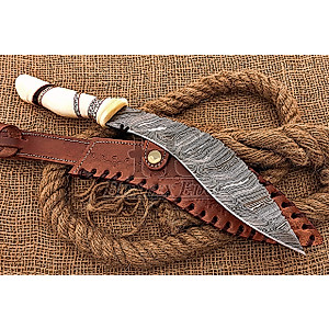 HUNTEX Unique Custom Handmade Hand Forged Damascus Steel 15 Inch Long Full Tang Camel Bone Handle Razor Sharp Hunting Camping Kukri Knife with Genuine Leather Sheath