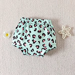 Noubeau Infant Baby Girl Easter Outfits Bunny Rabbit Print T-Shirt Tops Leopard Bloomer Shorts Bow Headband Summer Clothes (Turquoise, 6-9 Months)