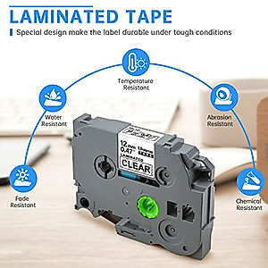 Unismar 1/2'' Black on Clear TZe Label Tape Compatible for Brother TZe-131 TZe131 TZ 12mm 0.47 Laminated Tape Clear for Ptouch PTD220 PTD200 PTD210 PTD400AD PTH100 Label Maker, 1/2'' x 26.2', 5-Pack