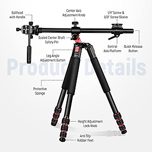 NEEWER 73.6" Horizontal Tripod with Multi Angle Center Column, Ball Head & Central Axis Platform, Heavy Duty Aluminum Camera Tripod Monopod 360° Pan 180° Tilt for Overhead/Macro Shots, Max Load 22lb