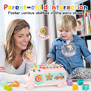 UNIH Baby Toy 12-18 Months,Bus Xylophone for Kids Toy, Baby Toys for 1 Year Old Boys and Girls with Building Blocks, Musical Toys for Toddlers 1-3, Early Educational Toys for Festival Christmas