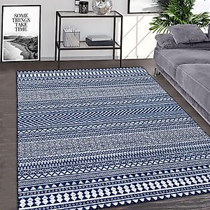 Fashionwu Boho Rug Large Washable Rug Area Rug 8 x 10 with Non Slip Backing for Dining Room, Bedroom, Navy Blue Rug Low-Pile Rug Non-Shedding Rugs for Living Room Home Office Area Rug, Blue and White