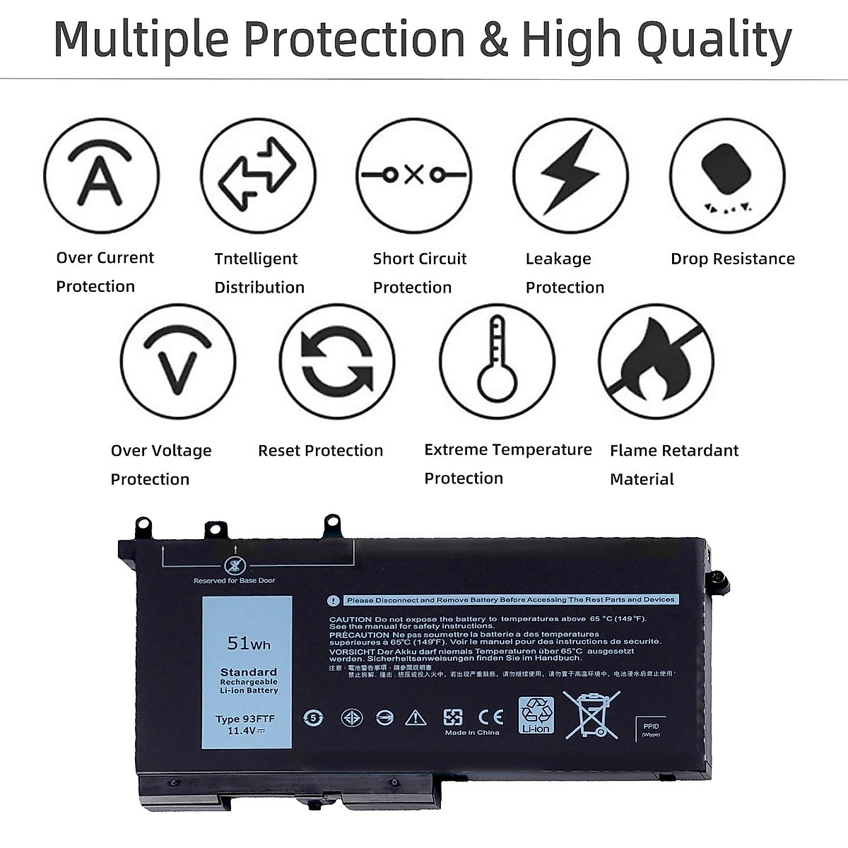 YXKC 51Wh 93FTF Battery for Dell Latitude 5580 5280 5480 5590 5490 5491 5290 5288 5488 5495 5591 E5580 E5480 E5280 E5590 E5490 E5290 E5591 E5491 Precision 15 3520 3530D4CMT 4YFVG 83XPC 451-BBZT 11.4V