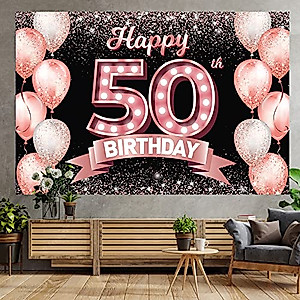 Happy 50th Birthday Rose Gold Banner Backdrop Cheers to 50 Years Old Confetti Balloons Theme Decor Decorations for Women 50 Years Old Pink Birthday Party Bday Supplies Background Favors Gift Glitter