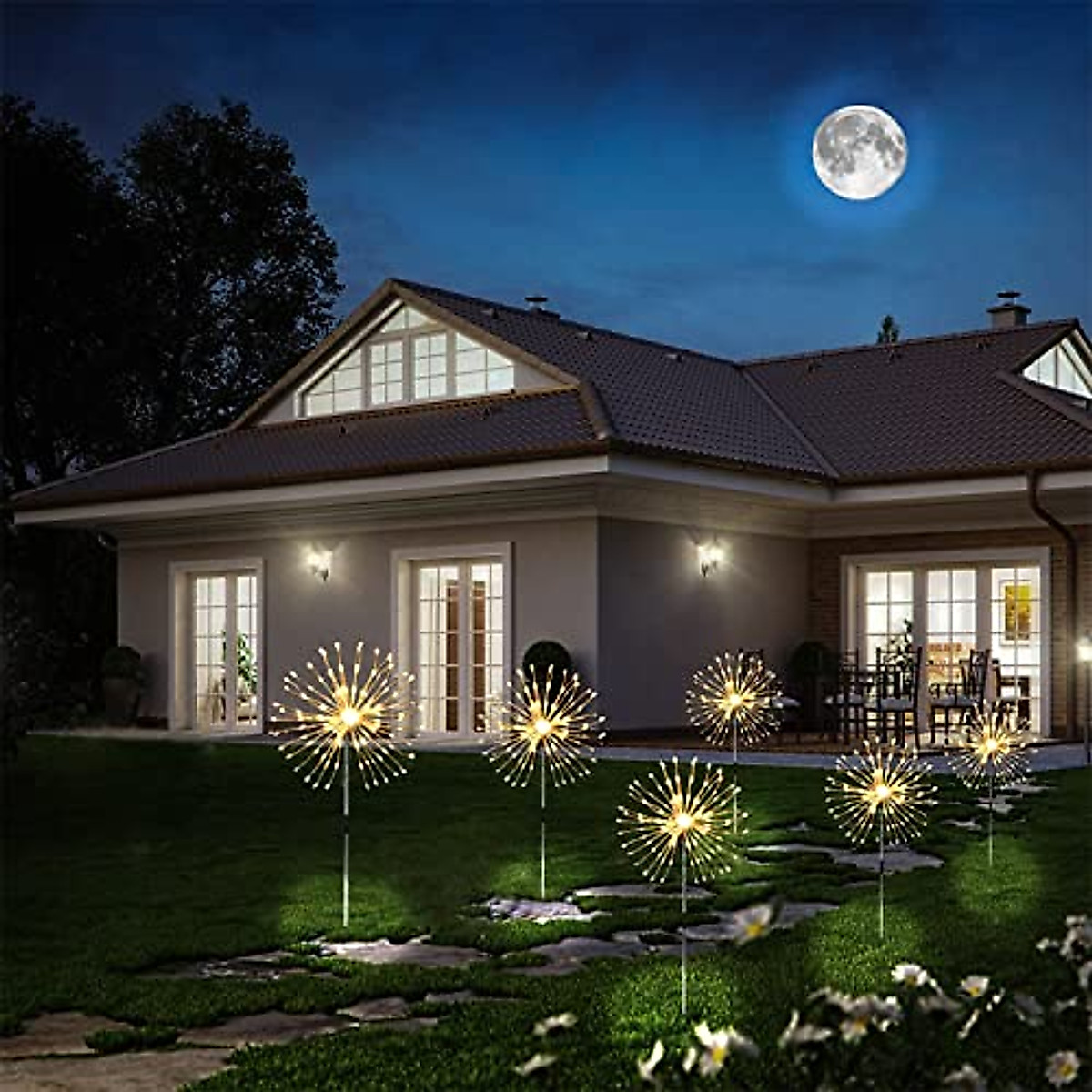 Solar Outdoor Garden Lights, [3 Pack] 360LED Solar Firework Lights 8 Modes Waterproof with Remote Control, Warm Yellow Starburst Fairy Lights for Pathway Backyard Patio Christmas Lawn Wedding Decor