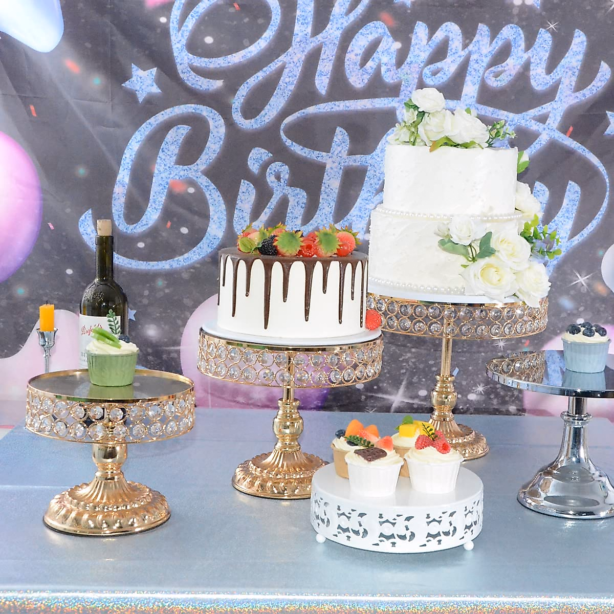 3PCS Cake Stand Set, Metal Round Cupcake Dessert Stand Cake Display Holder with Crystal Cookies Fruit Serving Tray Decor for Wedding Party Birthday (18K Gold)