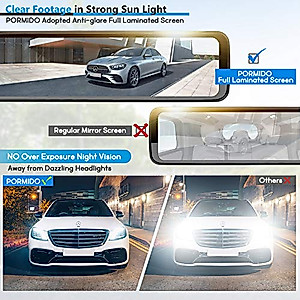 PORMIDO Triple Mirror Dash Cam 12" with Detached Front and in-Car Camera,Waterproof Backup Rear View Dashcam Anti Glare 1296P IPS Touch Screen with Sony Sensor,Starvis Night Vision,GPS,Parking Assist