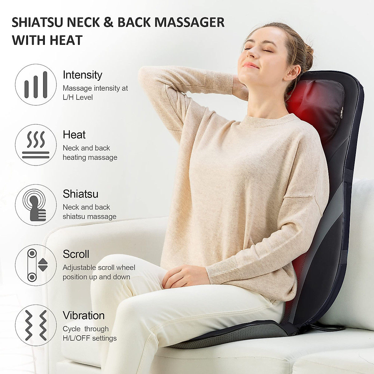 Snailax Shiatsu Neck Back Massager with Heat, Massage Chair pad with Height Adjustment, Full Back Kneading Shiatsu or Rolling Massage, Gifts for Men, Women