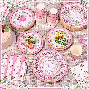 400 Pcs Tea Party Plates and Cups and Napkins Sets Flower Plates and Napkins Party Supplies Tea Party Decorations Disposable Dinnerware Set for Birthday, Baby Shower, Wedding, Bridal Shower