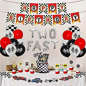 Racing Car Two Fast Birthday Decorations for Kids Boys Racing Theme 2nd Party Supplies With Banner, Cake Toppers and Checkered Balloons for Let's go Racing