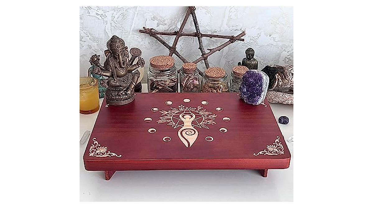 Engraved Wooden Altar Table for Meditation & Rituals