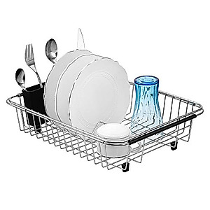 iPEGTOP Expandable Dish Drying Rack, Over The Sink Dish Rack, in Sink Or On Counter Dish Drainer Basket Shelf with Black Utensil Holder Cutlery Tray, Rustproof Stainless Steel for Kitchen