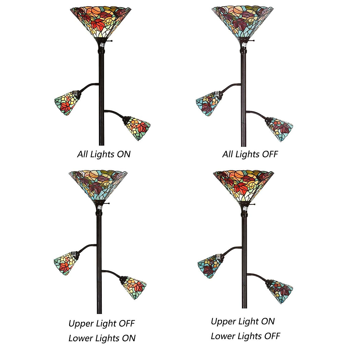 Bieye L10884 Maple Tree Leaves Tiffany Style Stained Glass Torchiere Floor Lamp with Sidelights for Reading Home Decor, 70-inches Tall (Maple Leaf, Red)