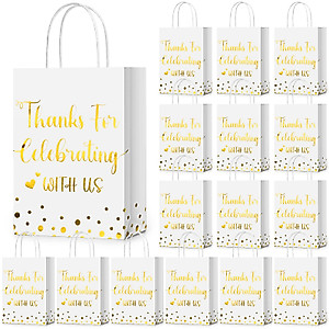 Ctosree 50 Pcs Wedding Gift Bag Thanks for Celebrating with Us Paper Bags Gold Wedding Gift Bags with Handle for Hotel Guests Wedding Gift Bag for Bridal Shower Party Favors