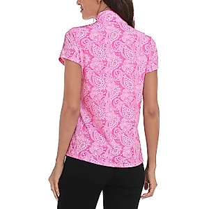 LRD Women's Golf Polo Shirts Short Sleeve Tennis Shirt UPF 30 Quarter Zip Up Pink Paisley/White - L