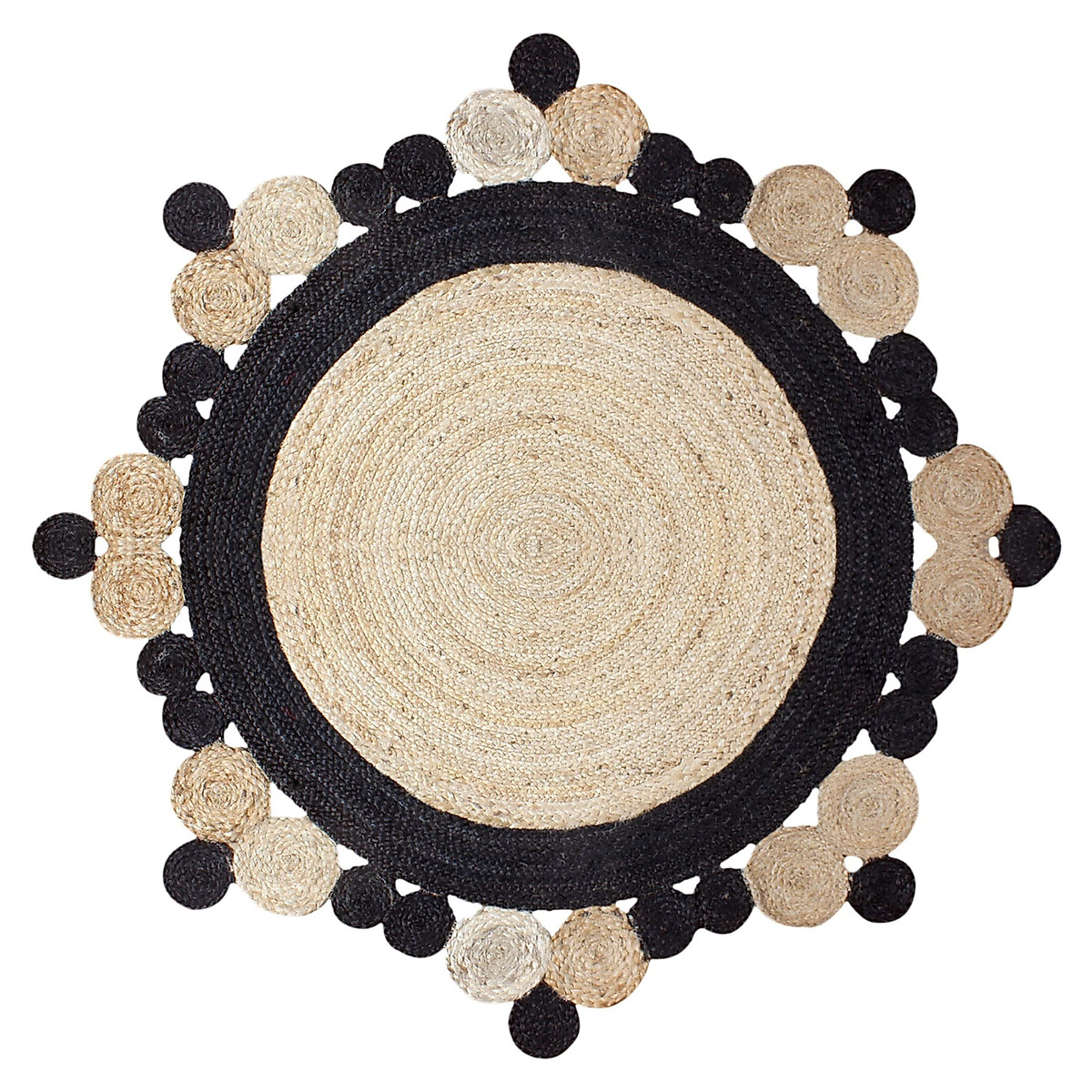 CASAVANI Collection Circle Area Rug - 10 Ft' Round Black Natural Jute Mat Geometric Kilim Rug Indoor Outdoor Use Mat Flatweave Rugs for Bedroom Bedside Round Dining Table Mat Hall & Kitchen