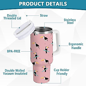 ARGTILDN 40 oz Tumbler Tropical Toucans Birds Insulated Travel Mug with Handle and Straw Lid Stainless Steel Vacuum Coffee Cup Tea Beverage Container Water Bottles for Car Sports office