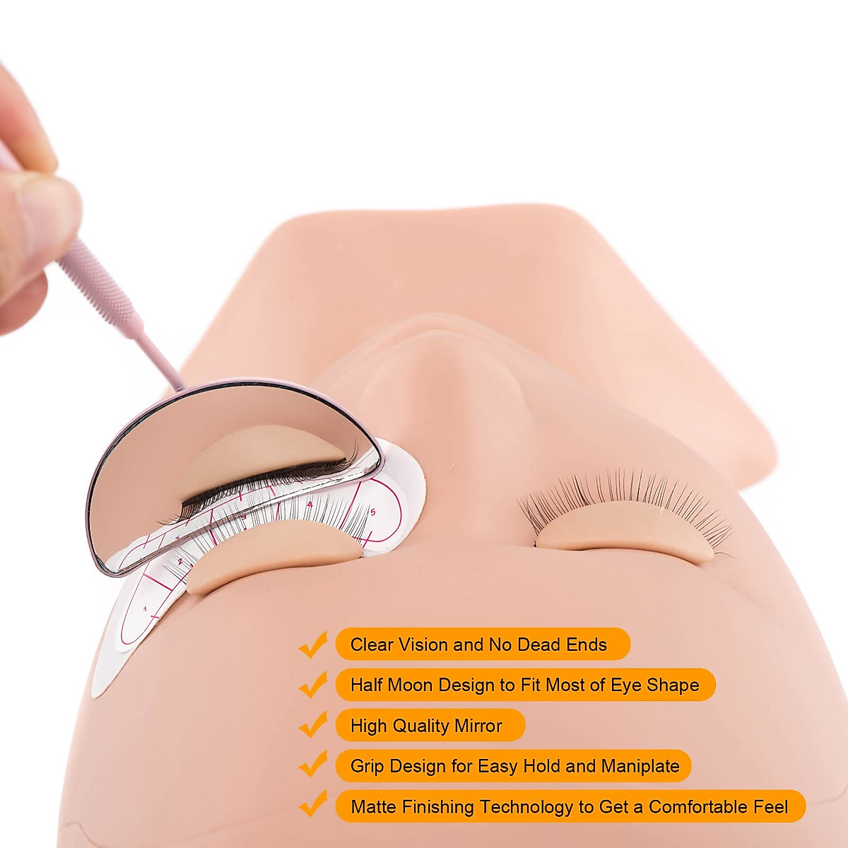 Lash Extension Supplies, Pink Lash Mirror for Eyelash Extensions, Large Half Moon Eyelash Mirror, Stainless Steel Lash Inspection Mirror for Lash Technician Supplies