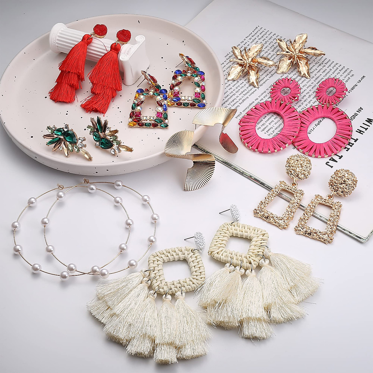 Sanfenly Drop Dangle Earrings for Women Statement Earrings, Bohemian Rattan Tassel Large Hoop Pearls Rhinestone Crystal Gold Geometric Dangling Earring Set