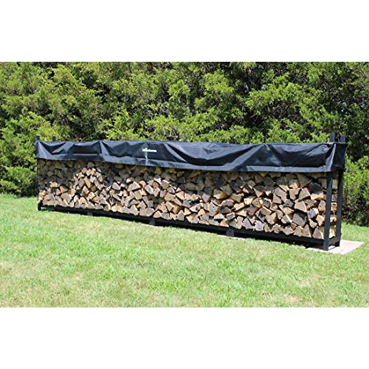 Woodhaven 16 Foot Black Large Outdoor Firewood Rack With Seasoning Cover - 1 Cord Fire Log Holder - Powder Coated Steel Firewood Holder - Made In USA (Cover)