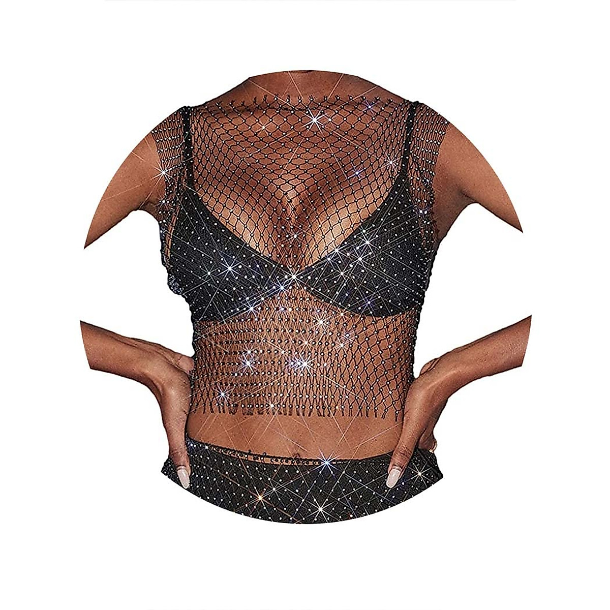 Yokawe Mesh Crystal Body Chain Black Rhinestone Fishnet Tank Tops See Through Bikini Party Body Accessories Jewelry for Women (Black)