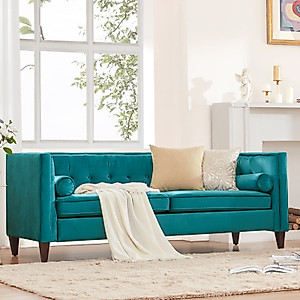 Dreamsir 78'' W Velvet Sofa, Mid-Century Love Seats Sofa Furniture with Bolster Pillows, Button Tufted Couch for Living Room, Tool-Free Assembly (Sofa, Peacock Blue)