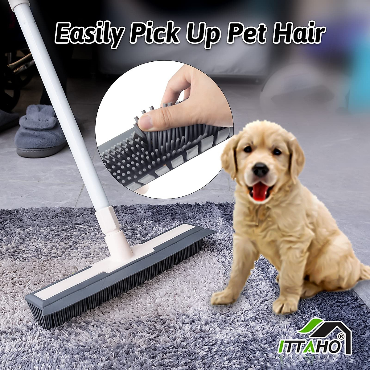 ITTAHO Rubber Broom Carpet Rake for Pet Hair Removal,55" Long Handle Fur Remover Broom with Silicone Squeegee, Carpet Hair Removal Tool for Carpet,Floor,Garage,Tile,Hardwood Floor,Garage