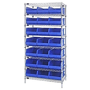 Quantum WR8-425BL Bin Wire Shelving System, 36'W x 12'D x 74'H, Carbon Steel, Chrome with Blue Bins
