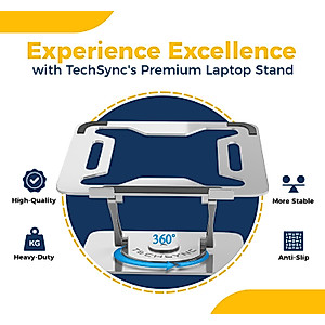 TechSync 360° Rotating Portable Laptop Stand for Desk, Aluminum Ergonomic Laptop Riser Adjustable height for MacBook & laptop up to 16" & Holds weight upto 22 lb, Swivel Laptop Holder Stand - Silver