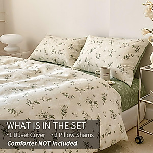 Rvciby Vintage Floral Duvet Cover Queen Size,100% Cotton Chic Shabby Beige Green Breathable Reversible Comforter Cover Set,3 Pieces,1 Duvet Cover with Zipper Closure & Corner Ties and 2 Pillow Shams