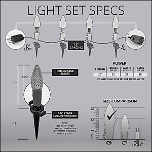 Wintergreen Lighting 25’ OptiCore LED Cool White Pathway Christmas Lights, C9 Outdoor White Christmas Lights, 4.5” Stakes, Green Wire Plug String Lights