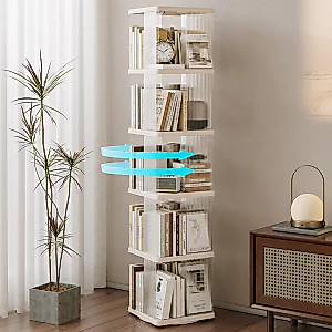 ZXFWRJDJ Rotating Bookshelf Tower, 360 Display Spinning Bookshelf,Small Corner Bookshelf for Small Space,Suitable for Bedrooms, Living Looms, Offices, and Study Rooms (White，5 Tier, 14x14x66