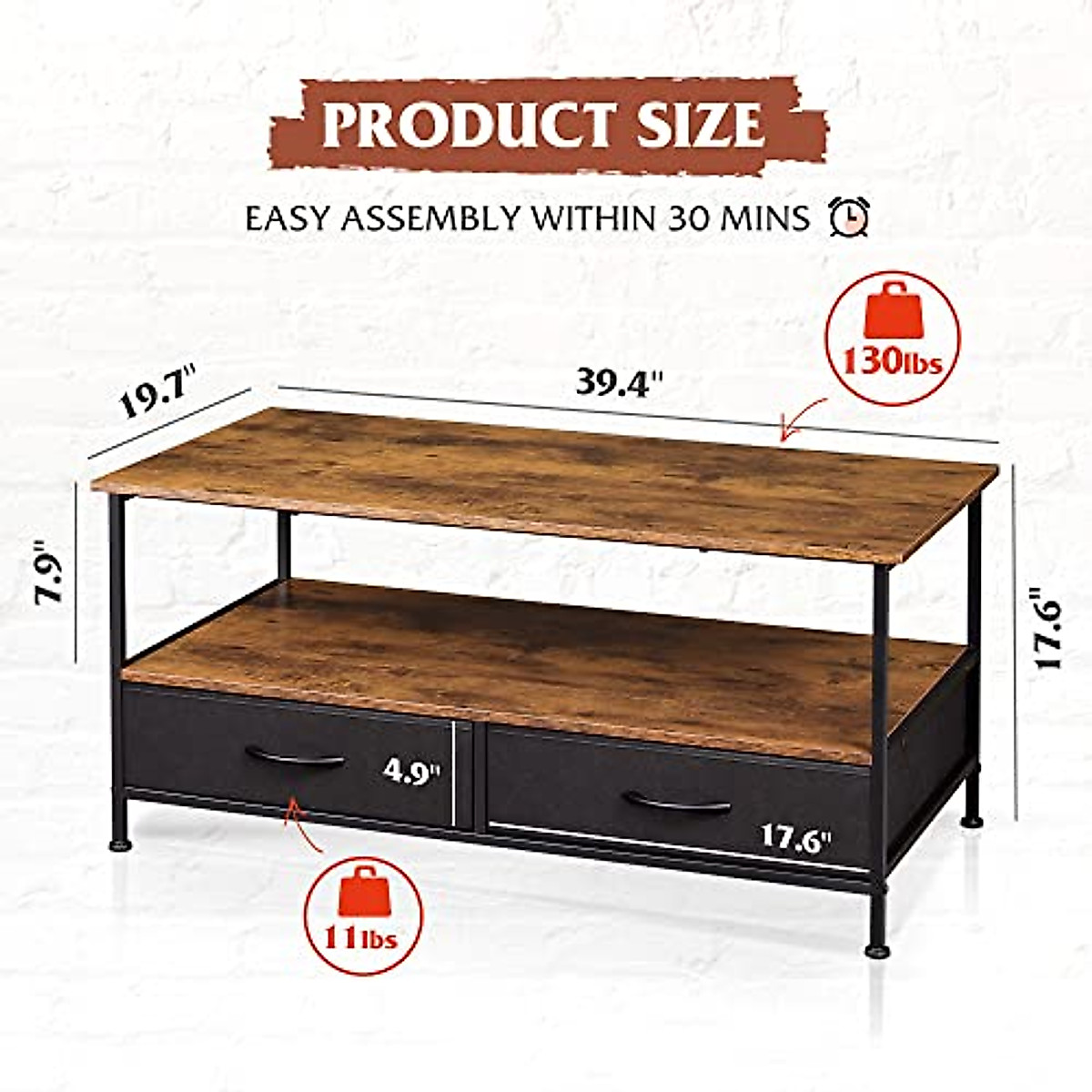 WLIVE Coffee Table with Storage Drawers and Open Shelf, Mid-Century Modern Wood and Metal Cocktail Table for Living Room