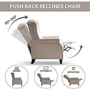 Bonzy Home Push Back Recliner Chair, Mid Century Modern Wingback Chair, Comfy Armchair Fabric Living Room Chairs with Rivet Decoration, Button-Tufted Back, Solid Wood Legs, Beige