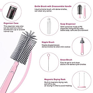 MeryStar Travel Bottle Cleaner Kit, Baby Bottle Brush Set with Silicone, Bottle Cleaner Brush and Drying Rack for Travel and Family Visits, Gift for New Moms (Pink)