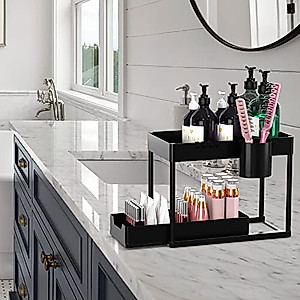 LEEL Under Sink Organizer storage, 2-Tier Pull-Out Kitchen Under Sink Storage Box with Hook and Hanging Cup, Suitable for kitchen - bathroom - rv - office multi-functional organizer.