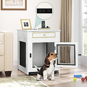 YITAHOME Dog Crate Furniture with Dual USB Charger, Wooden Dog Kennel End Table with Cushion Tray, Drawer for Small Dogs Under 25 lbs Indoor Use, White