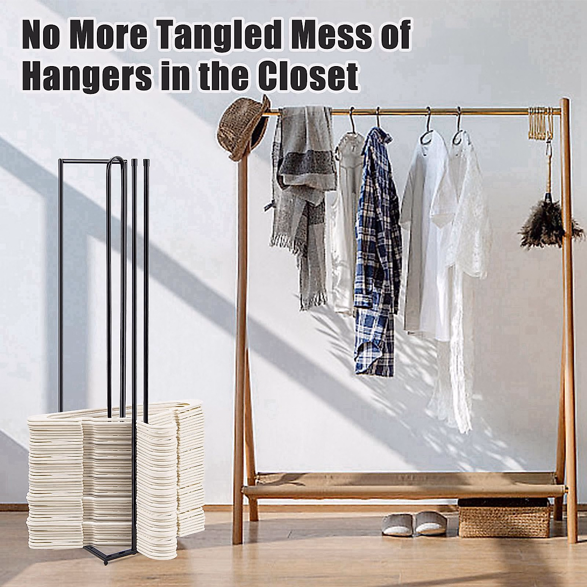 HONZUEN Hanger Stacker Metal, Height-Adjustable Hanger Storage Organizer Hold up to 120 Velvet Hangers, Hanger Organizer Stacker Stand for Closet and Laundry, Clothes Hanger Holder Space Saver 1 Pack