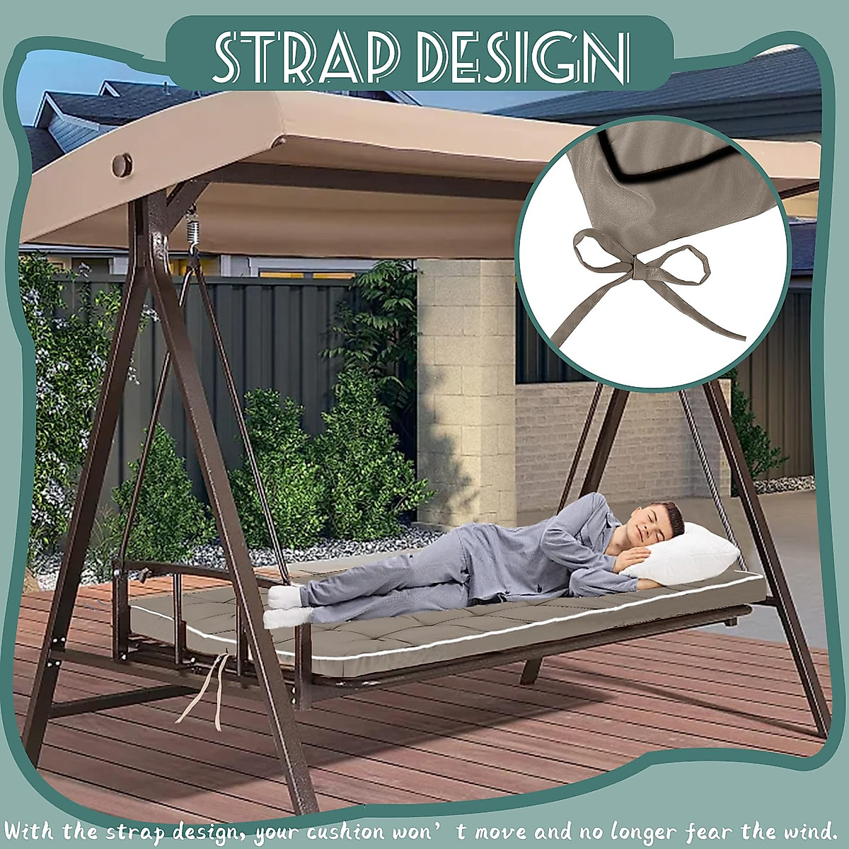 Sauqzoh Replacement Cushions for Swing, Swing Cushions 3 Seater Replacement, Waterproof Thicken Washable Pad Cushion for Outdoor Indoor Furniture Swing Patio (Khaki, Swing Cushions 55inch)