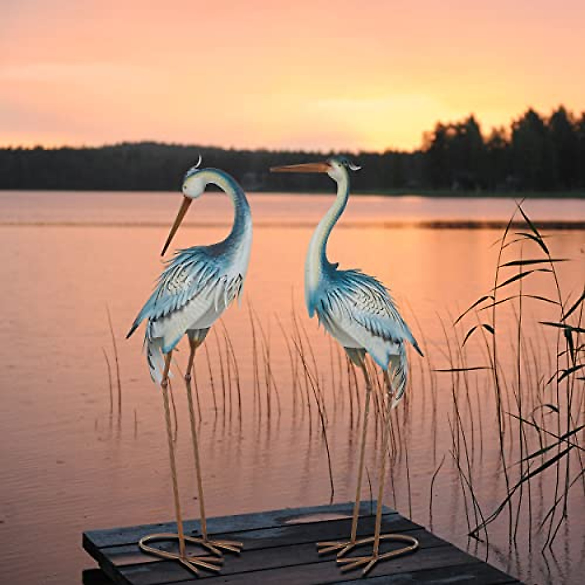 TERESA'S COLLECTIONS Large Blue Heron Garden Statues, 41.7-43.7 inch Standing Crane Sculpture Metal Yard Art Bird Decor Lawn Ornaments for Outdoor Patio Porch Outside Decorations, Set of 2