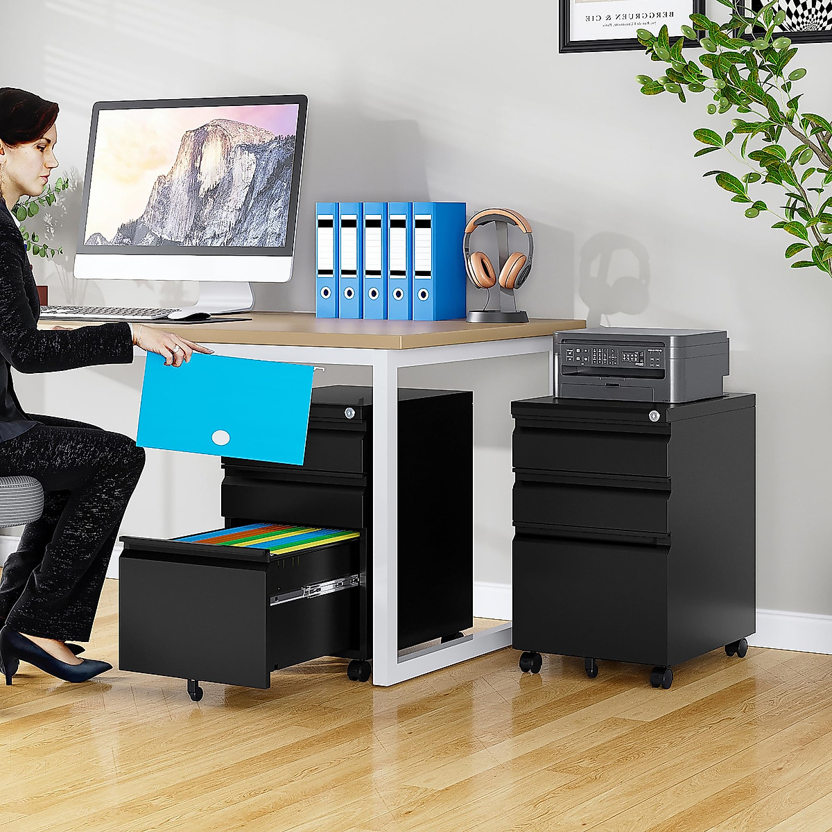 3 Drawer File Cabinet with Lock,Under Desk File Cabinet with Wheels,Black Rolling File Cabinet,Three Drawer Metal Filing Cabinet for Home Office,Fit A4/Letter/Legal File,Fully Assembled Except Casters