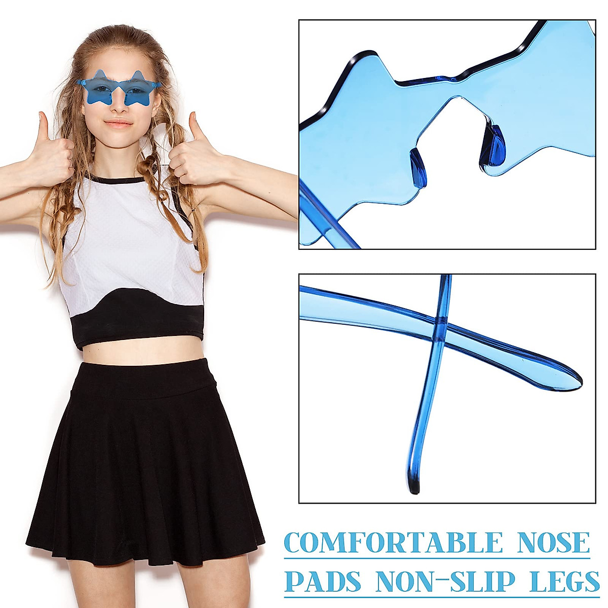 CHENGU 2 Pcs Star Shape Rimless Sunglasses Transparent Candy Color Sunglasses Party Favor star glasses for Women(Blue)