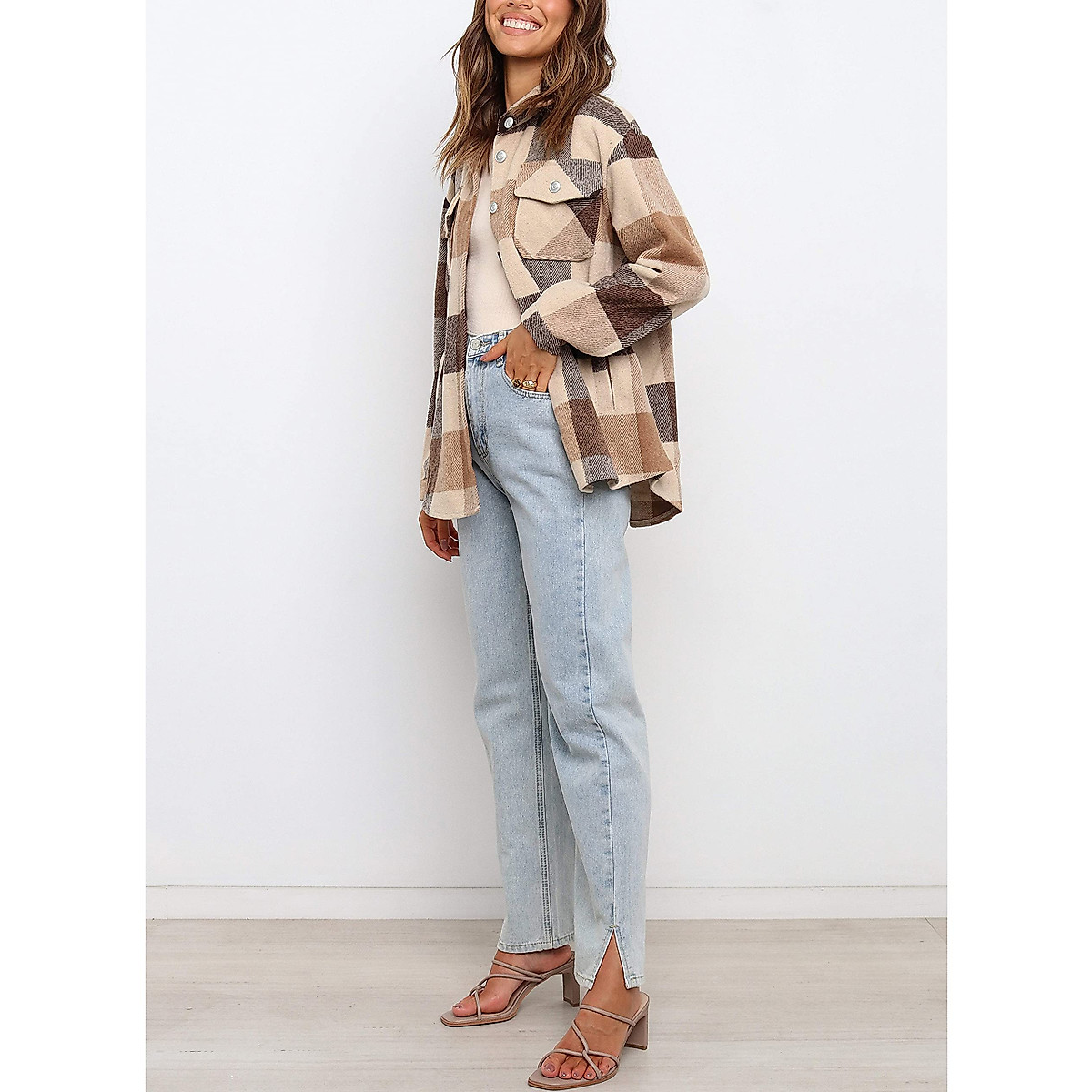 UANEO Womens Plaid Shacket Button Down Wool Blend Fall Flannel Shirt Jacket (Brown-L)