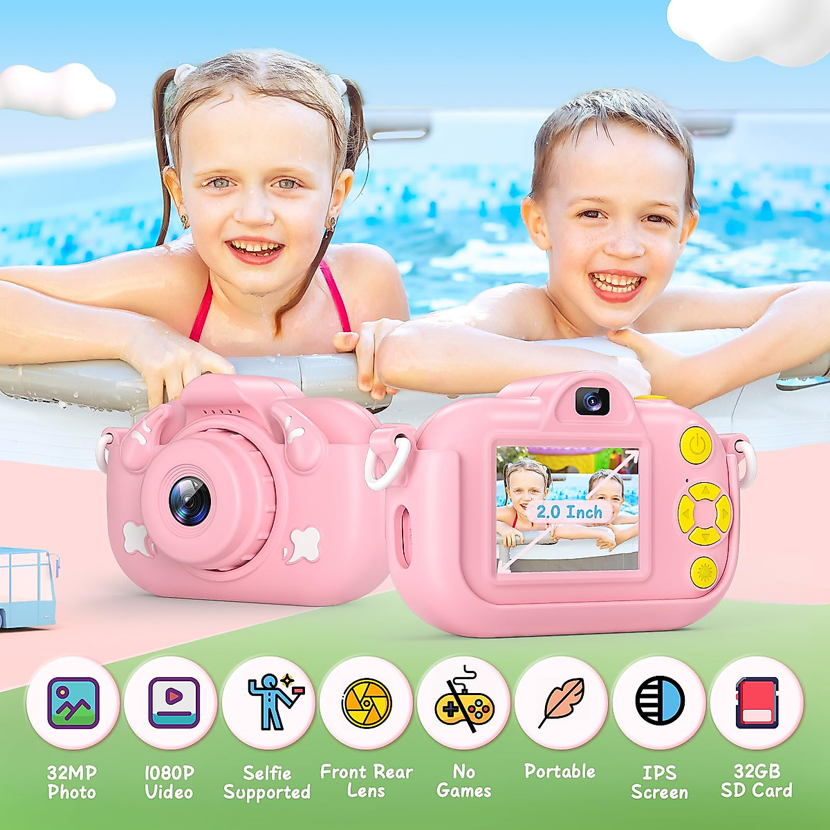 Kids Camera, HD 1080P Digital Video Camera for Boys and Girls, 32MP Kids Selfie Camera for Kids Aged 3-9, Portable Toy Toddler Camera with No Game & 32GB Card, Perfect Christmas Birthday Gifts