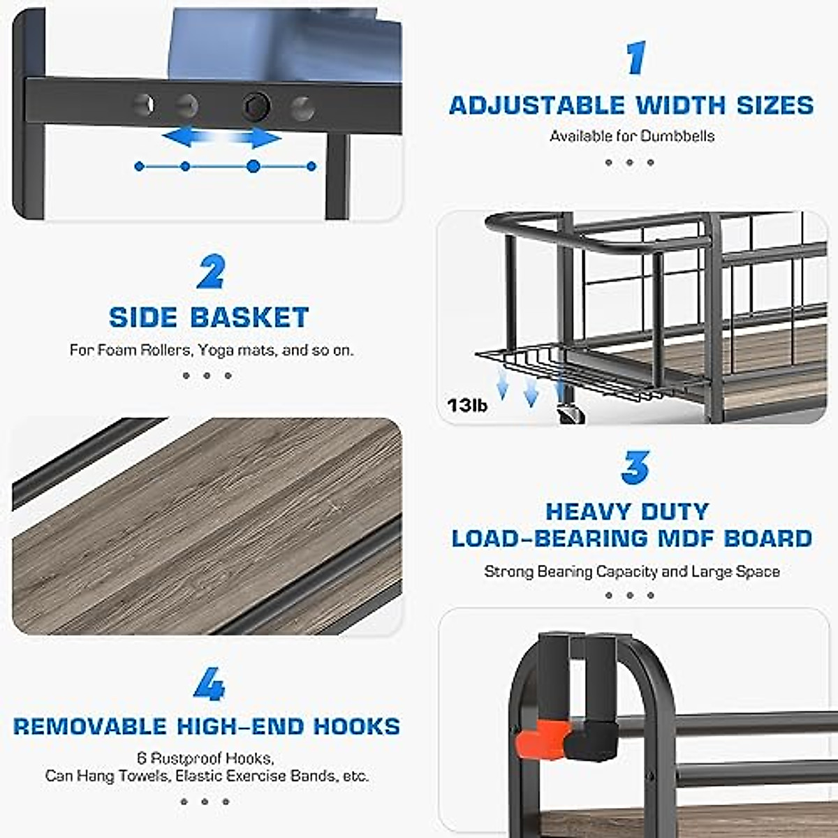 Yoga Mat Storage Rack, Home Gym Storage Yoga Mat Organizer Holder, Sehloran Dumbbell Rack With Hooks and Wheels, Weight Rack for Dumbbells and Kettlebells, Workout Equipment Weight Stand for Home Exercise and Fitness Gear (Metal)