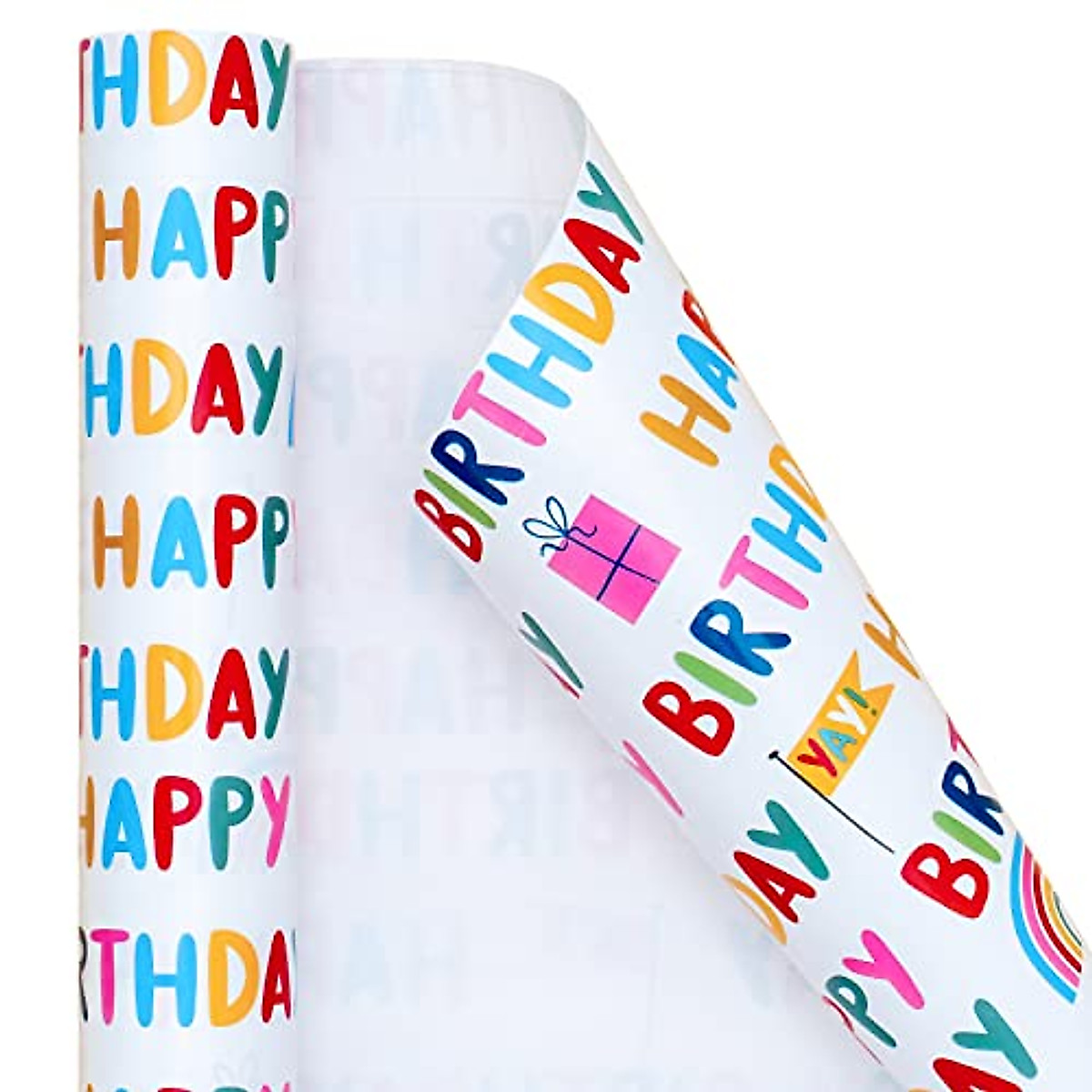 WRAPAHOLIC Birthday Wrapping Paper Roll - Happy Birthday Lettering and Gift Box Design for Birthday, Holiday, Party, Baby Shower - 30 Inch x 33 Feet