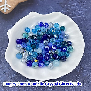 Honkoolly 100pcs Crystal Glass Beads 8mm Faceted Rondelle Glass Beads with Hole Glass Spacer Beads for Bracelets Necklace Earring DIY Jewelry Making Craft(Blue Series)