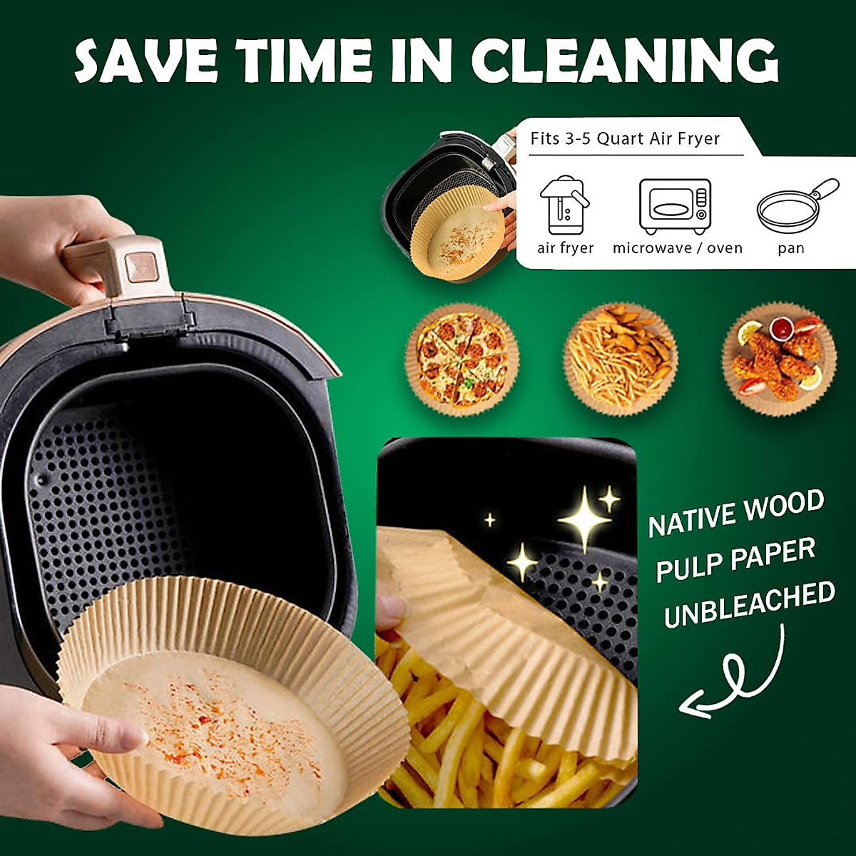 Glamshop Disposable Air Fryer Paper Liners - Round, Oil and Water Proof Parchment Sheets for Basket, Food Grade Brown Liner 100 PCS Non-stick, 7.9''